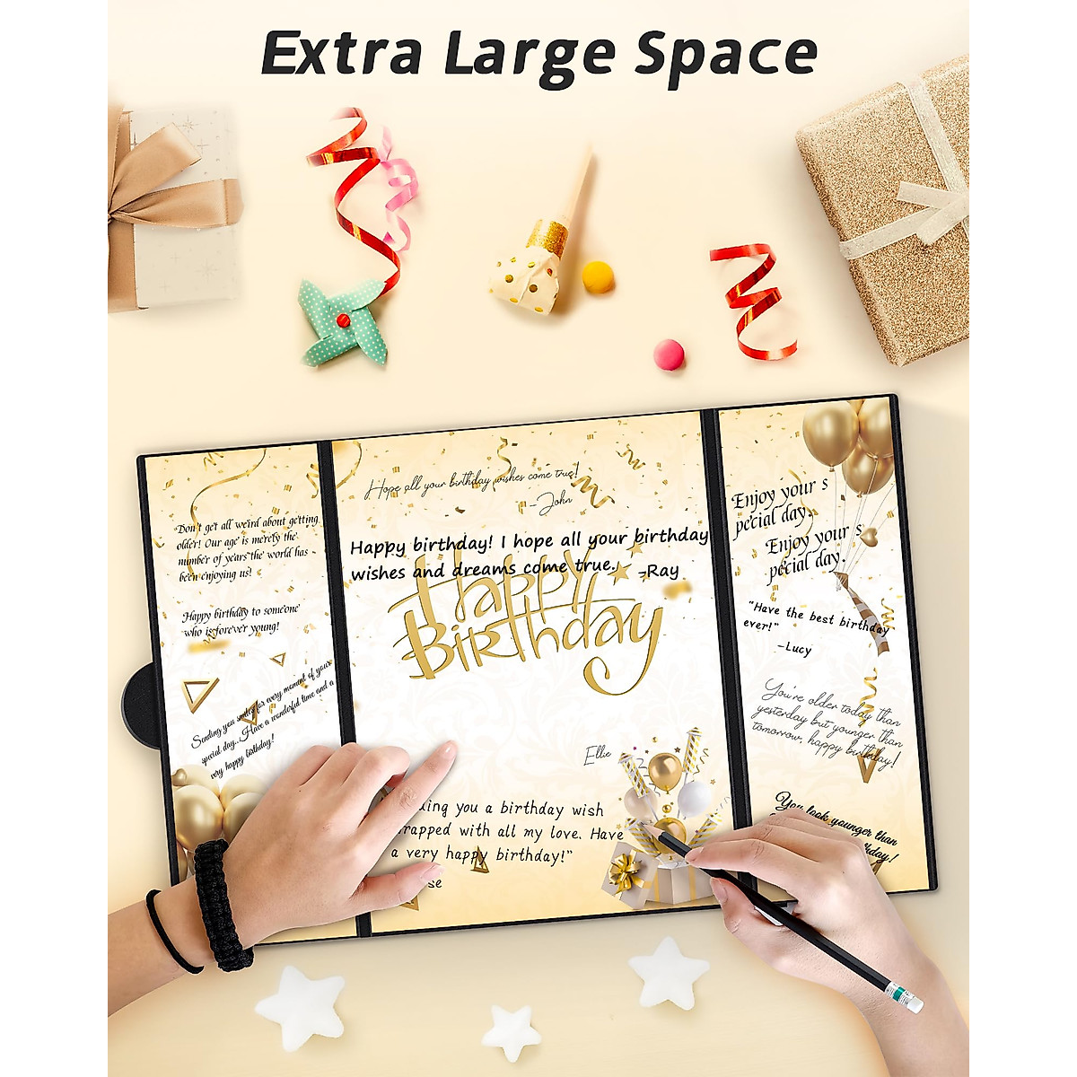 Pusunas Birthday Decorations, Happy Birthday Gifts for Men Women Him Her, 18" X 12" Large Creative Signature Guest Book Signing Birthday Card Board, Black Gold Anniversary Party Decorations