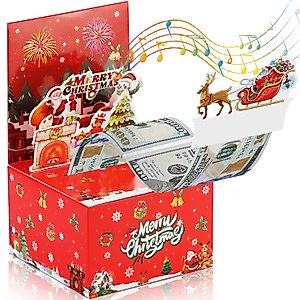 JOYJOM Christmas Money Box for Cash Gift with Pull Out, Surprise Merry Christmas Money Pull Box with Music and Lights, 3D Pop Up Christmas Cards with Money Envelopes Holder