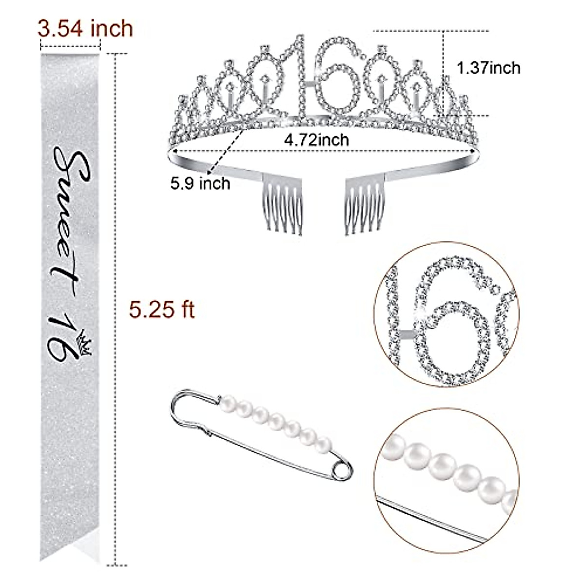Canlierr 24 Pieces Sweet 16 Birthday Decorations for Girls Cake Toppers Candles 16th Crown Tiara Sash Sixteen Gifts Party Favor Supplies (Silver) (UA1152)