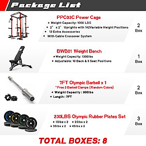 RitFit Squat Rack Power Cage Home Gym Package, Includes 1000LBS Power Rack with Cable Crossover System, Weight Bench, Weight Plate Set with Olympic Barbell (Package 1.6K (Bumper Plate 230LBS))-Orange