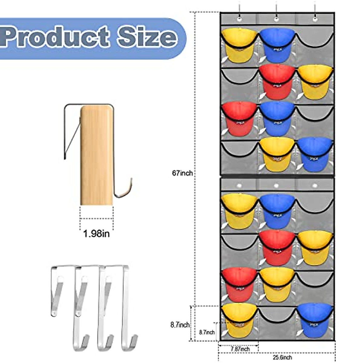 huspossesser Hat Racks for Baseball Caps, Hat Organizer 24 Deep Pockets, Splitable Hat Rack for Wall, Over the Door Hat Hanger for Closet with 4 Hooks, Hat Storage Holder