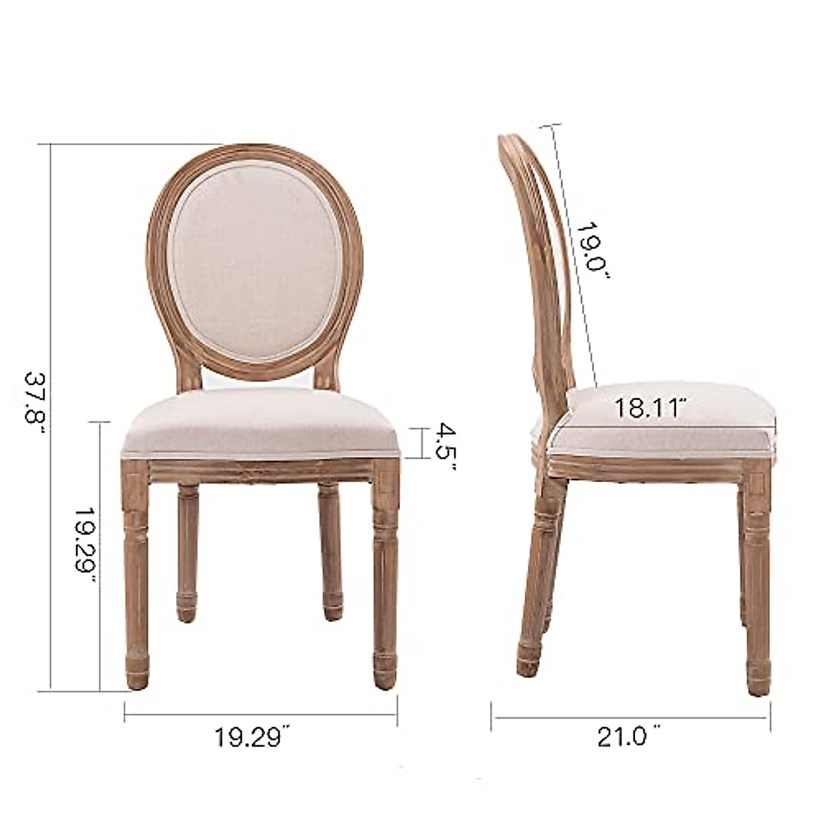 XRHOM Dining Chairs French Upholstered Farmhouse Dining Room Chairs Linen Fabric Round Backrest Carving Solid rubberwood Leg for Bedroom Kitchen Restaurant Chairs, Set of 2, Beige