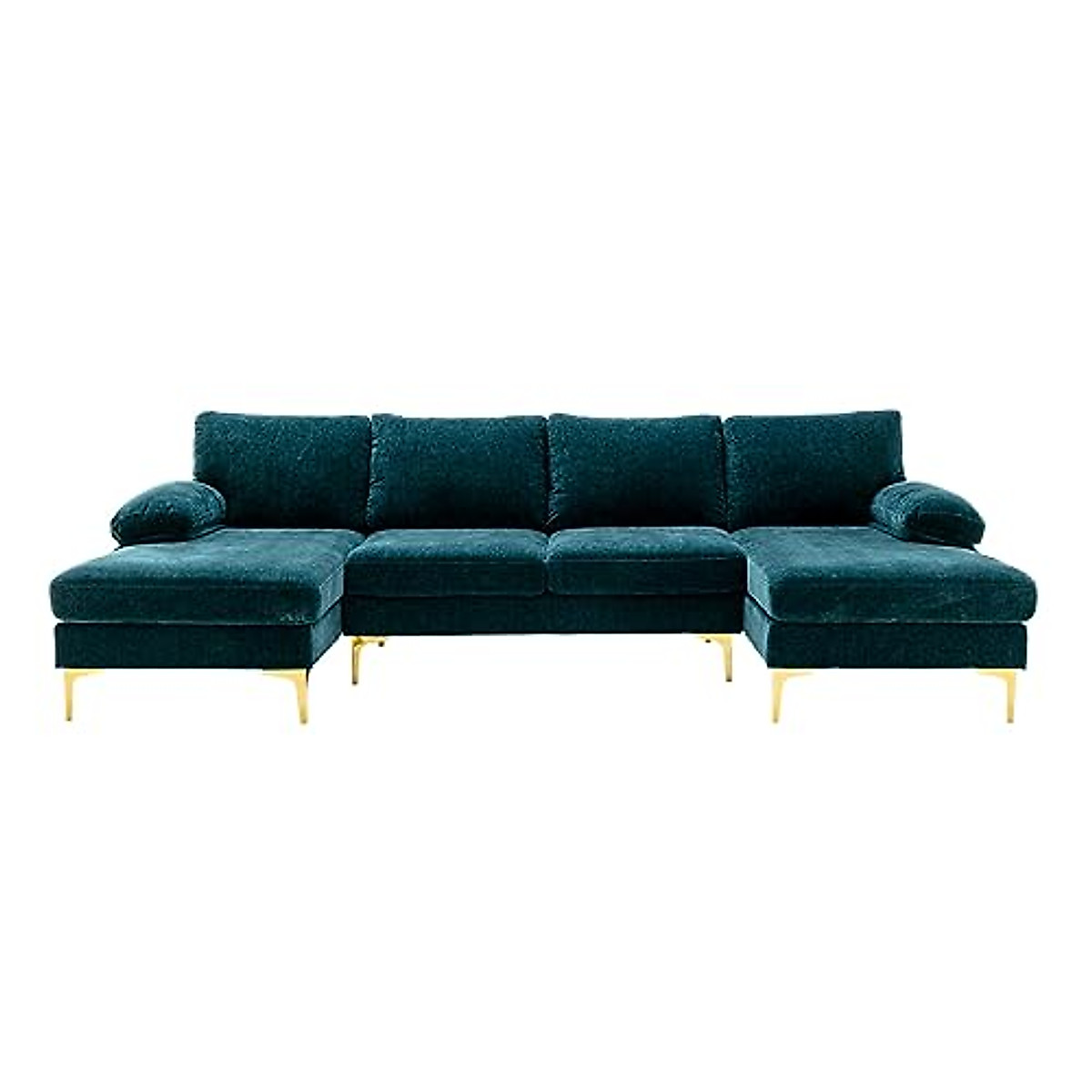U Shape Sectional Sofa Couch, Modern 110'' Convertible Sectional Sofa, Upholstered Chenille Fabric 4-Seat Couch Sofa Bed with Golden Metal Legs for Living Room, Apartment, Office, Teal Blue