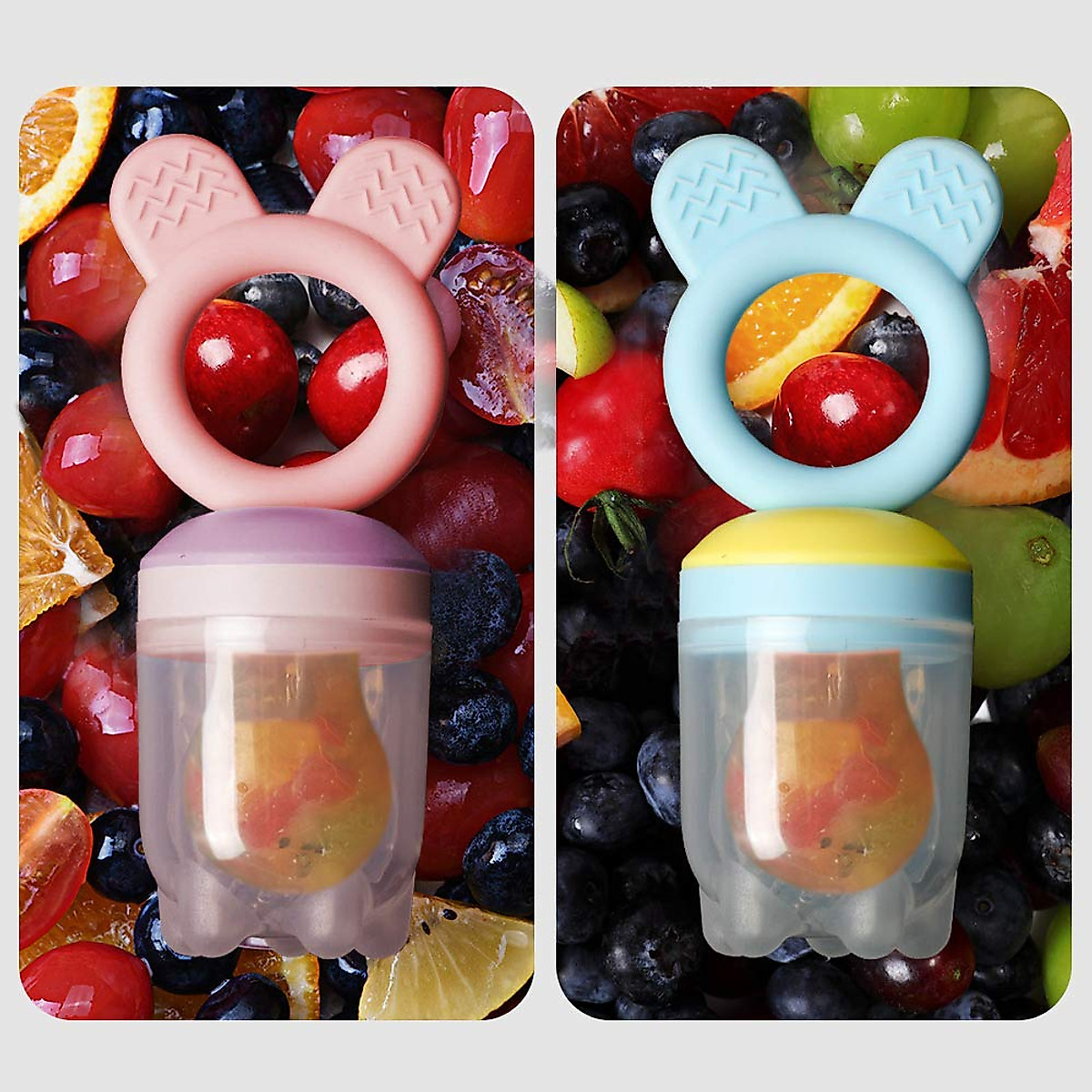 Baby Fruit Food Feeder PacifierTeether Toys Set - Silicone Fresh Food Feeder Teether with 2 mesh Silicone Bags and Teething Toys All in One Infant Teether Toys