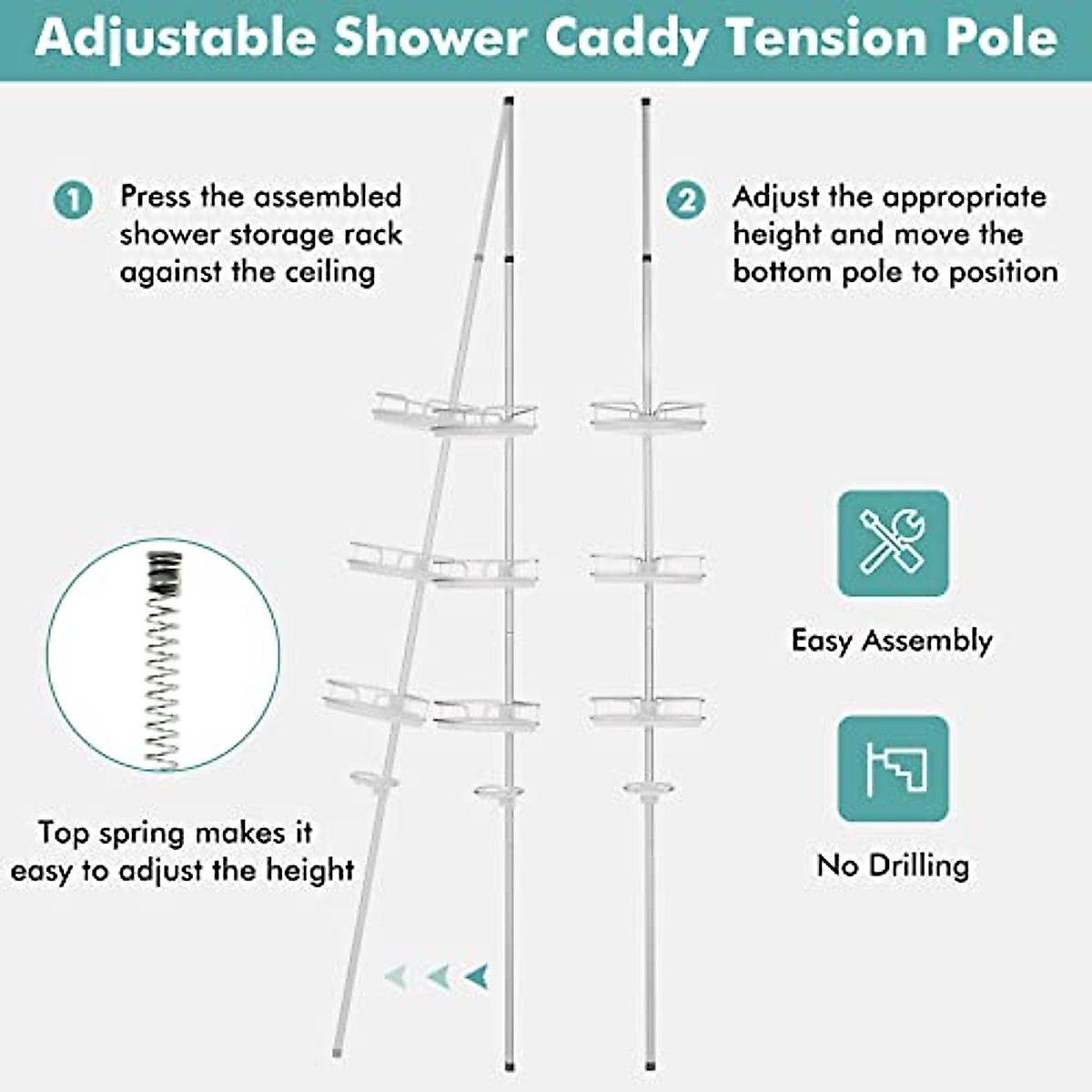Tangkula 60"-108" Adjustable Shower Caddy Tension Pole, 4 Tier Drill Free Organizer w/3 Removable Baskets & 1 Soak Tray, Rustproof Aluminum Corner Shower Storage Rack (Silver)