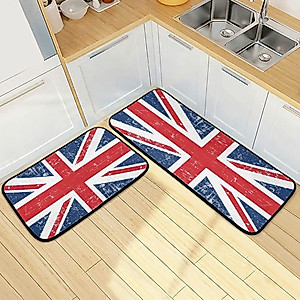 ALAZA Retro British Flag London Union Jack 2 Piece Kitchen Rug Floor Mat Set Runner Rugs Non-Slip for Kitchen Laundry Office 20" x 28" + 20" x 48"