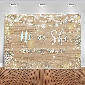 Avezano Winter Gender Reveal Backdrop, 7x5ft Vinyl Rustic Wood Snowflake Gender Reveal Party Decorations Twinkle Lights Gender Reveal Banner Photography Background