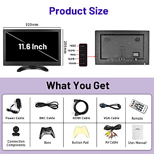 Hikity 11.6 Inch Small HDMI Monitor 1920x1080P Portable CCTV Monitors with BNC, AVI, VGA, HDMI Input Cable, Remote Control, Built-in Speakers, for PC, CCTV, Security Camera, Raspberry Pi, X-Box