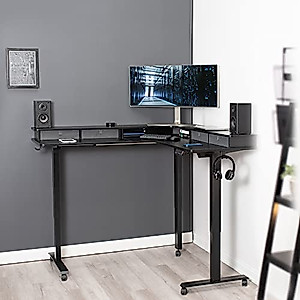 VIVO Electric 2-Tier Height Adjustable 63 x 55 inch Stand Up Corner Desk, L-Shaped Mobile Table with Memory Controller, Black 3-Part Table Top, Black Frame, Dark Gray Storage Drawers, DESK-E3CVB