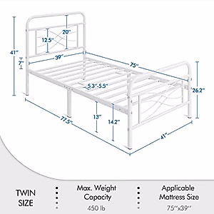 Yaheetech Twin Bed Frames Metal Platform Bed Mattress Foundation with Criss-Cross Design Headboard, Ample Underbed Storage Space, Heavy Duty Slat Support, No Box Spring Needed, Twin Size White