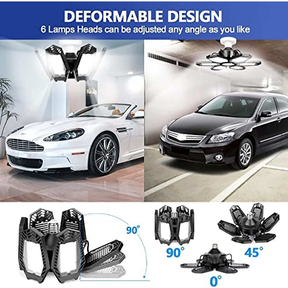 Luyata LED Garage Lights, 160W Deformable LED Garage Ceiling Light Shop Lights Bulbs with 6 Adjustable Panels for Garage Workshop Basement Support E26/E27 Screw Socket