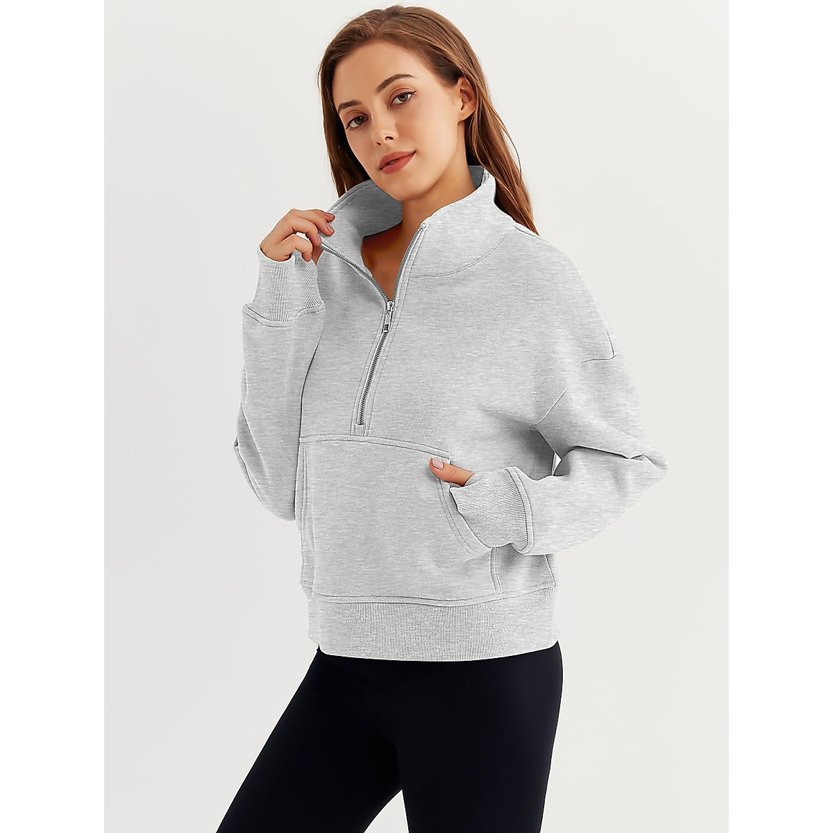 Trendy Queen Womens Half Zip Cropped Pullover Crewneck Sweatshirts Quarter Zipper Hoodies Long Sleeve Clothes Sweaters Fall Outfits 2023 Grey
