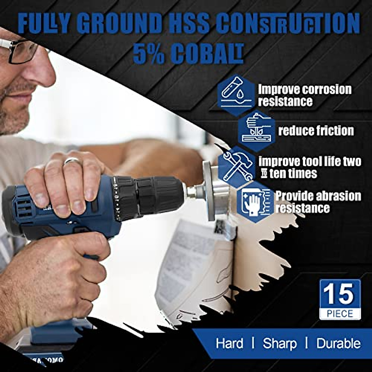 COMOWARE Cobalt Drill Bit Set- 15Pcs M35 High Speed Steel Twist Jobber Length for Hardened Metal, Stainless Steel, Cast Iron and Wood Plastic with Indexed Storage Case, 1/16"-3/8"