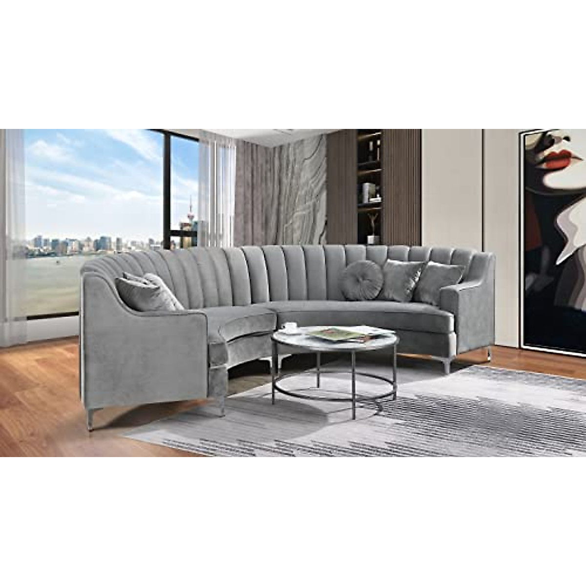 Legend Furniture Curved Sofa Velvet Symmetrical Modular Round couches for Living Room Sectional, 142" L x 32" D x 36" H, Grey