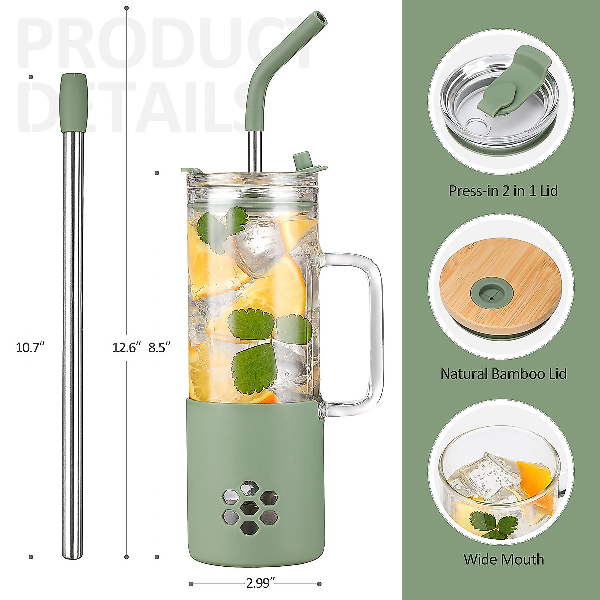 MUKOKO Glass Cups With Lids and Straws, 20oz Glass Tumbler with Straw and Handle, Iced Coffee Cups with lids - Bamboo Lid & On the Go Lid, Smoothie Cup Leak Proof Tumbler with Silicone Sleeve - Olive