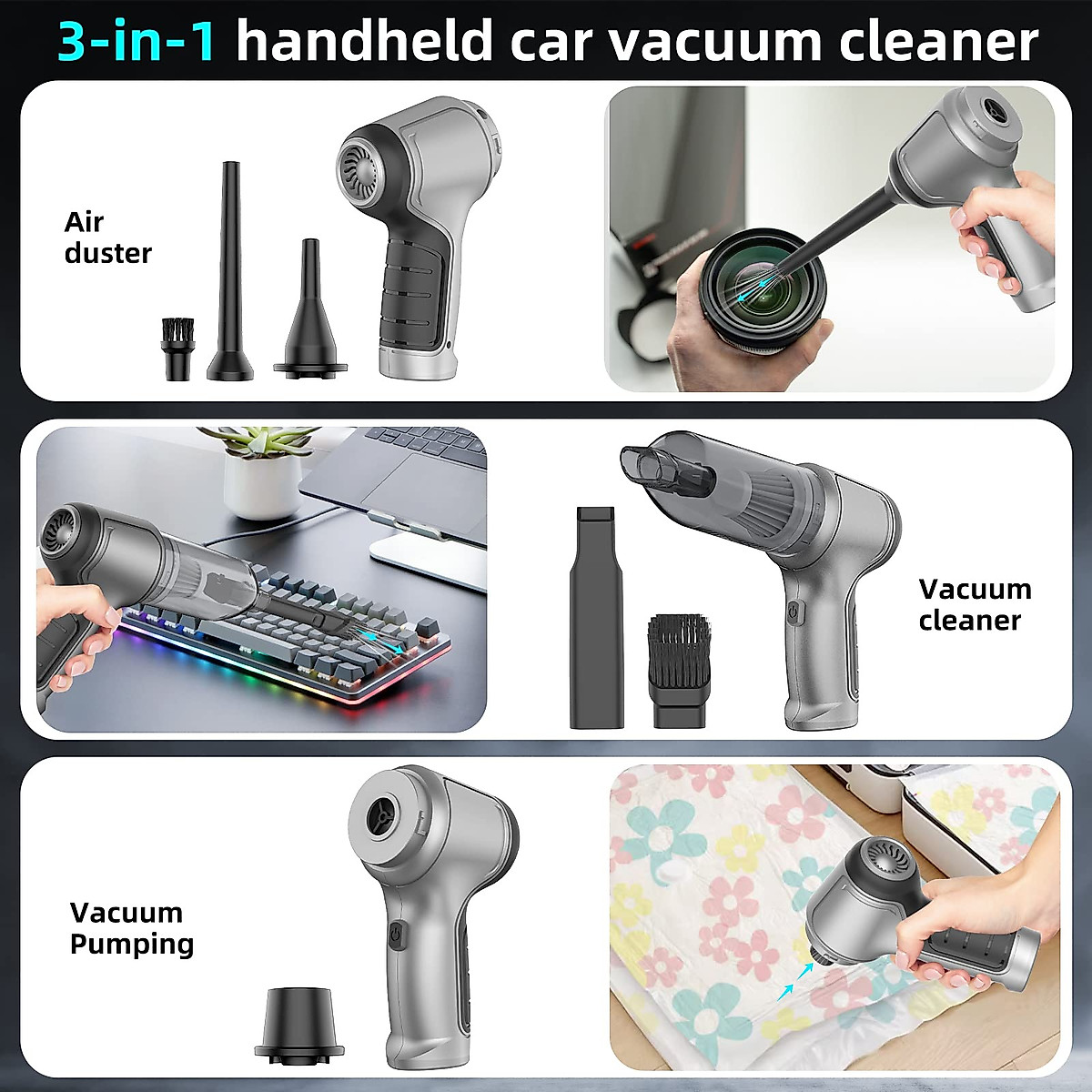 Car Vacuum Portable, Handheld Vacuum Cordless - 19000PA Mini Vacuum Cleaner High Power with Brushless Motor, 3 in 1 Hand Vacuum Cordless Rechargeable for Car, Home, Keyboard, Pet Hair Cleaning