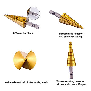 3Pcs HSS Titanium Coated Step Drill Bit Set, 1/4" Hex Shank Drive Quick Change High Speed Steel Cone Drill Bit for Sheet Metal Wood Plastic Hole Drilling Cutting (Metric 3-12mm/ 4-12mm/4-20mm)