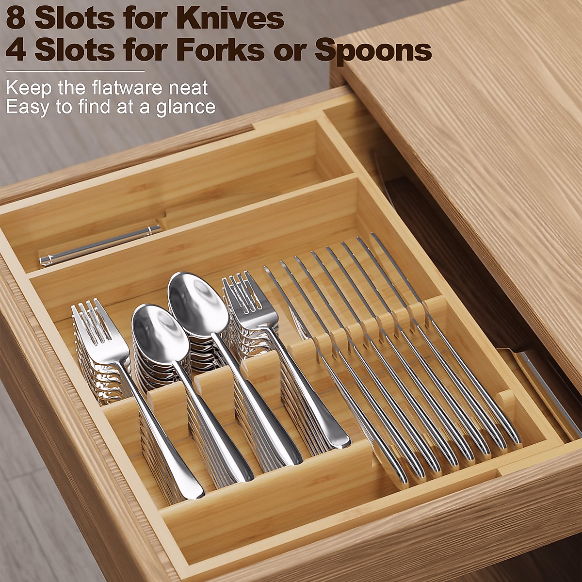 ULG Expandable Bamboo Kitchen Drawer Organizer, Adjustable Cutlery Tray Silverware Organizer with Removable Drawer Dividers, Drawer Dividers Organizer for Silverware, Kitchen Utensils, Office Storage