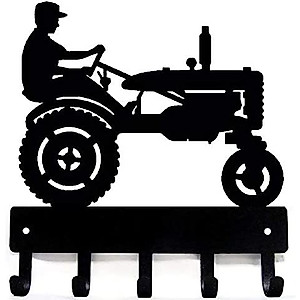 The Metal Peddler Farm Tractor with Farmer Key Rack Holder for Wall - 6 inch Wide - Made in USA; Farmhouse décor, barn Organizer
