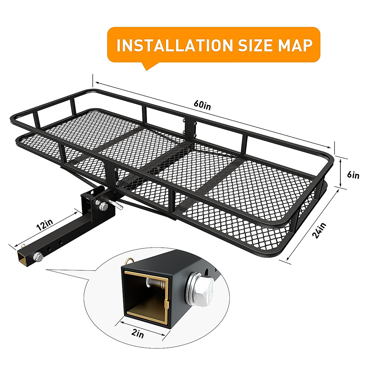 Wildroad Hitch Cargo Carrier Basket Combo 60" x 24" x 6" 500 LBS Folding Trailer Hitch Cargo Carrier Fits 2" Receiver with 18.2 Cubic feet Cargo Bag, Hitch Stabilizer, Cargo Net and Ratchet Straps