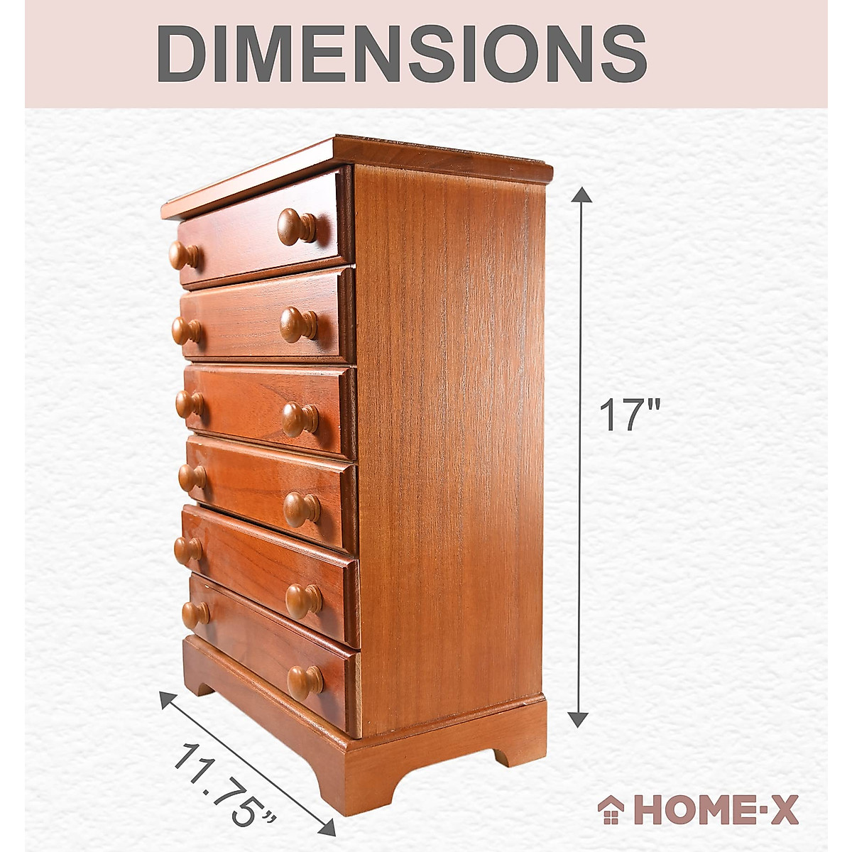 Home-X 6-Drawer Organizer for Sewing, Spools of Thread, Craft Supplies, Makeup, or Jewelry, Wood with Cherry Finish, 17" L x 6 ¾" W x 11 ¾" H