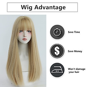 7JHH WIGS Blonde Wig With Bang For Women Long Straight Blonde Wig Synthetic Wig For Girl Emo Cosplay And Daily Use（23" Blonde