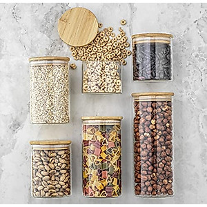 JoyJolt Borosilicate Glass Jars With Bamboo Lids. 6 Pc Set of Air Tight Sealable Containers. Food Jar Canisters with Airtight Lid for Pantry Storage and Kitchen Organization.