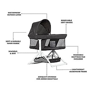 Dream On Me 2-in-1 Convertible Insta Fold Bassinet and Cradle in Black, Lightweight, Portable and Easy to Fold Baby Bassinet, Adjustable Canopy, Breathable Mesh Sides, JPMA Certified