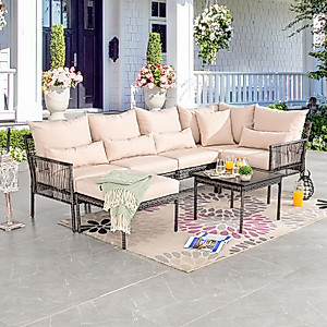 PatioFestival 7 Pieces Patio Furniture Sets All-Weather Outdoor PE Wicker Rattan Sectional Sofa Conversation Set with Thick Cushions and Coffee Table(Beige)