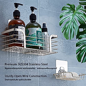 BOARWILY Adhesive Shower Caddy Shelf Organizer , Bathroom Shower Rack with Soap Dishes , 304 Stainless Steel Bathroom Shower Storage Organizer with 6 Hooks - 3 Pack , No Drilling