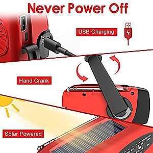 [Upgraded Version] Emergency Weather AM/FM NOAA Solar Powered Wind up Radio with LED Flashlight, 1000/2000mAh Power Bank for Cell Phone and LED Flashlight (Red)