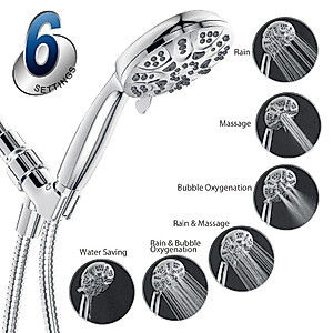 6 Functions Handheld Shower Head Set High Pressure Shower Head High Flow Hand Held Showerhead Set with 59 Inch Hose Bracket Teflon Tape Rubber Washers