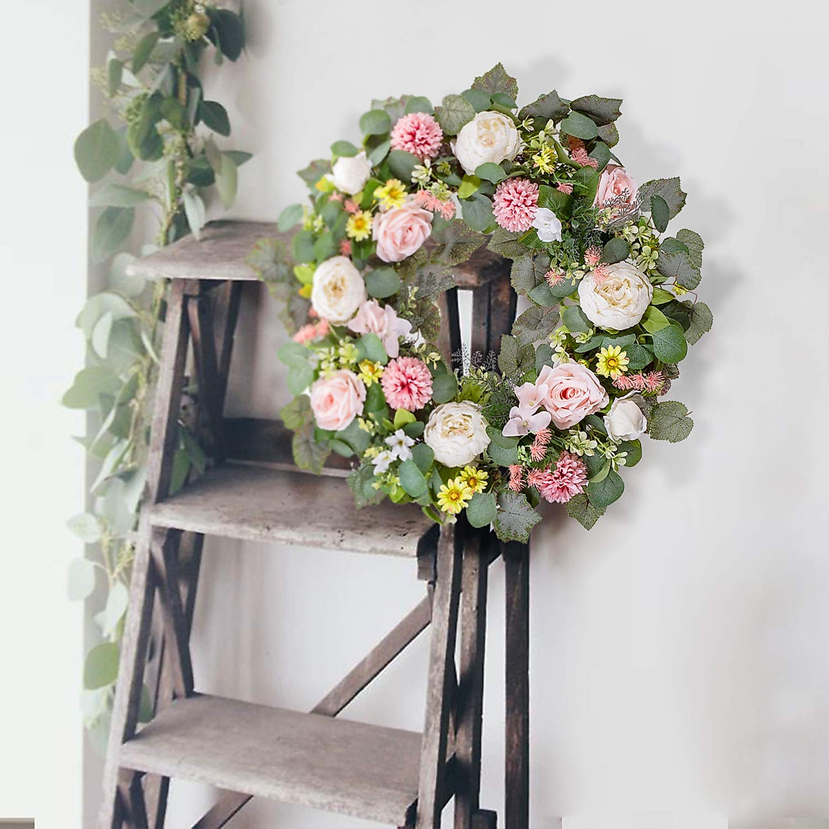 WANNA-CUL 24 Inch Large Spring Peony Flower Wreath for Front Door for Wedding,Pink Rose Floral Door Wreath with Rustic Grapevine Leaves,Bolocephalus Saussureoides for Wall