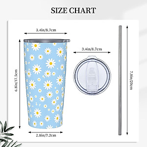 CHASOEA Daisy Tumbler 20oz Floral Flowers Stainless Steel Insulated Tumblers with Lid and Straw Blue Travel Coffee Mug Tea Wine Cups Water Bottle Daisy Gifts for Women