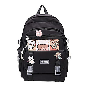 Kawaii Backpack for Teen Girls Aesthetic Student Bookbags with Cute pin bear pendant harajuku school nylon waterproof (black)