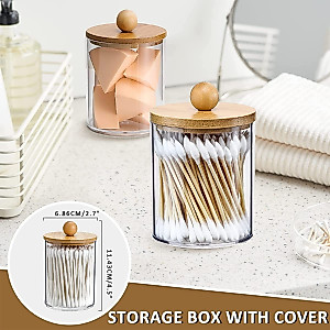 3Pcs Qtip Holder Dispenser, Apothecary Jars with Bamboo Lids, Clear Acrylic Bathroom Jars with Tray, Cotton Swab Storage Dispenser, Reusable Bathroom Canisters, Cotton Swab Holder Dispenser for Makeup