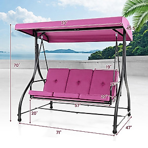 Tangkula 3 Person Porch Swing, 2-in-1 Convertible Patio Swing Bed with Removable Cushions, Solid Steel Structure, Outdoor Swing with Adjustable Canopy for Backyard, Balcony, Poolside (Wine)
