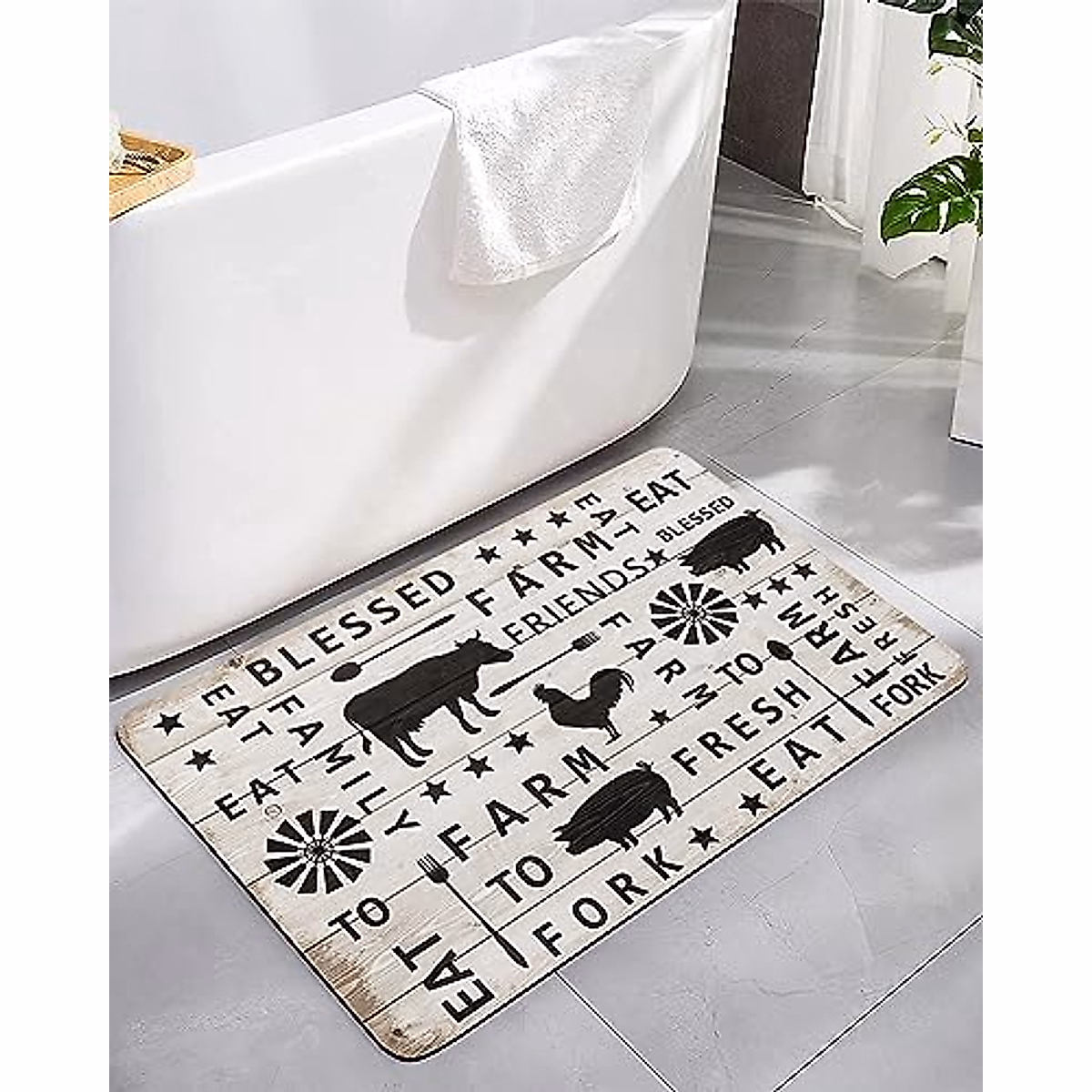 Gogobebe Super Absorbent Diatom Mud Mat Vintage Farm Animal Cow Rooster Pig Wooden Board Pattern Quick-Drying Thin Bath Mat Non-Slip Bathtub Mat Anti-Skid Rubber Bathroom Shower Mat 16x24in
