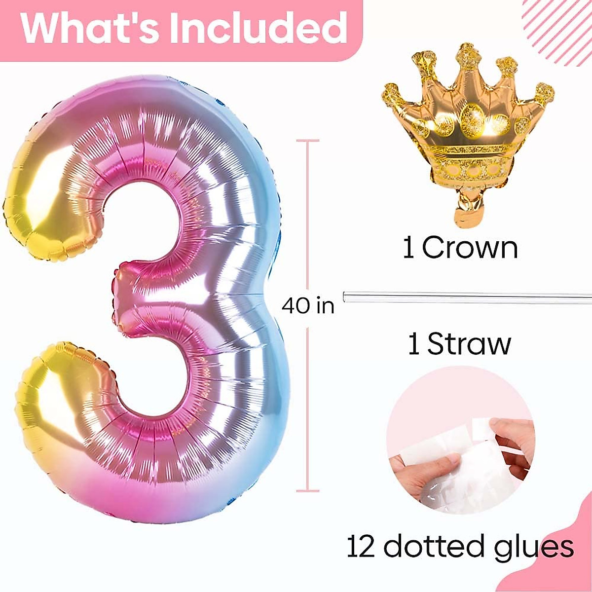 Captain Decor 3 Number Balloon 40 Inch Rainbow Gradient with Detachable Crown – Easy Inflate and deflate reusable, Premium Foil Mylar Balloons for Birthdays, Anniversaries, and Party Decorations