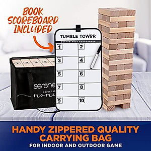 Serene Life 56 PCS Giant Tumble Tower Game - Non-Toxic Pine Wooden Stacking Timber Blocks Set with Zippered Carrying Bag, Book Scoreboard - Classic Jumbo Wood Block Outdoor Game for Kids and Adults
