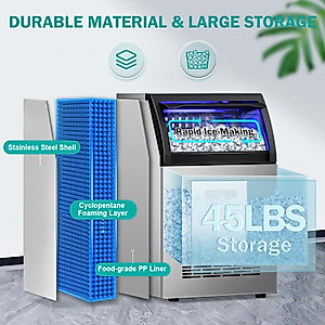 RAPSUAR Commercial Ice Maker Machine, 150Lbs/24H with 45Lbs Large Ice Capacity, 55Pcs Clear Ice Cubes Ready in 8-15Mins, Freestanding Stainless Steel Ice Making Machine for Home Party Bar