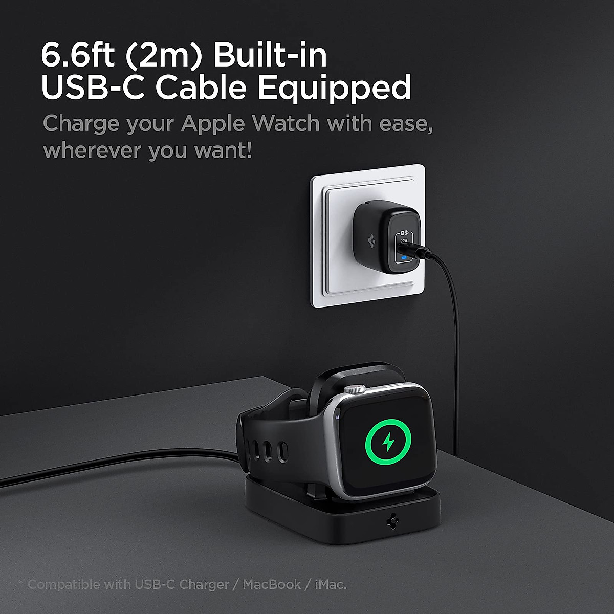 Spigen for Apple Watch Charger Stand [MFi Certified] Charger for Apple Watch Series 10/9/8/7/6/5/SE Ultra 2 49mm 45mm 44mm 42mm 41mm 40mm Nightstand Mode - Built in Charger&USB C Cable/No Adapter