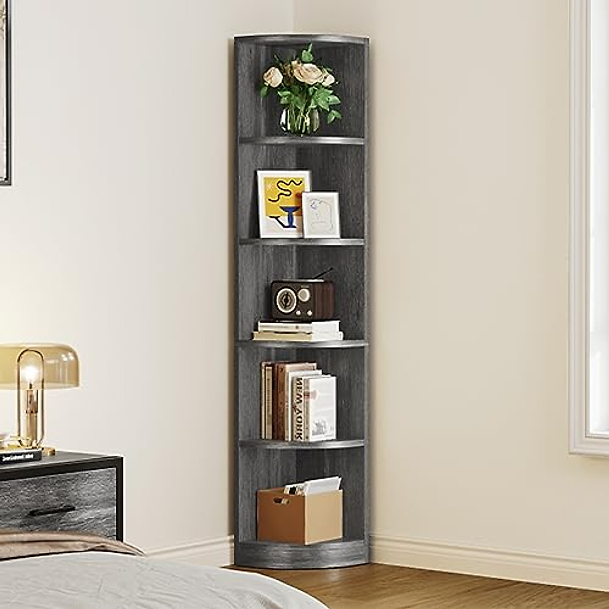 YITAHOME 70.8" Corner Shelf, 5 Tier Corner Bookshelf and Bookcase, Modern Open Free Standing Shelving Unit Wooden Display Rack Storage Shelves for Bedroom, Living Room, Home Office, Charcoal Gray