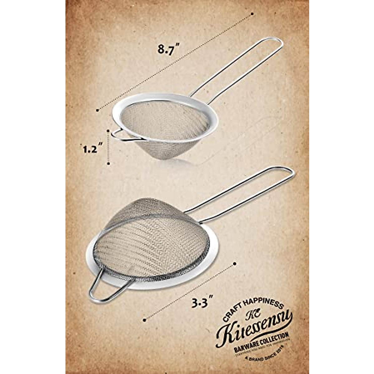 KITESSENSU Fine Mesh Strainer, 18/8 Stainless Steel Small Mesh Strainer with Handle, 3.3 Inch Effective Cone Shaped Cocktail Strainer for Cocktails, Tea Herbs, Coffee, Drinks and Spices