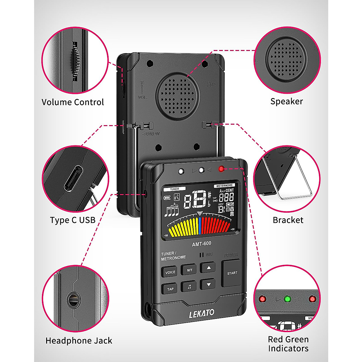 LEKATO Metronome Tuner, Rechargeable 3 In 1 Digital Metronome with TAP Tempo, Woman Vocal Counts, Tuner Tone Generator for Guitar Bass Violin Ukulele Chromatic for All Instruments