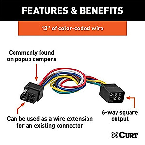 CURT 58034 Vehicle-Side and Trailer-Side 6-Pin Square Wiring Harness Connectors with 12-Inch Wires