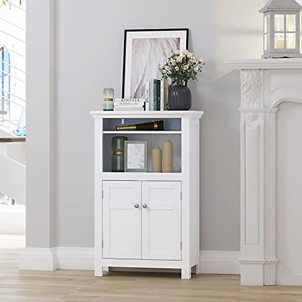 Spirich Bathroom Storage Cabinet, Floor Wood Cabinet with Doors and Adjustable Shelves, Freestanding Entryway Cabinet Organizer (White)
