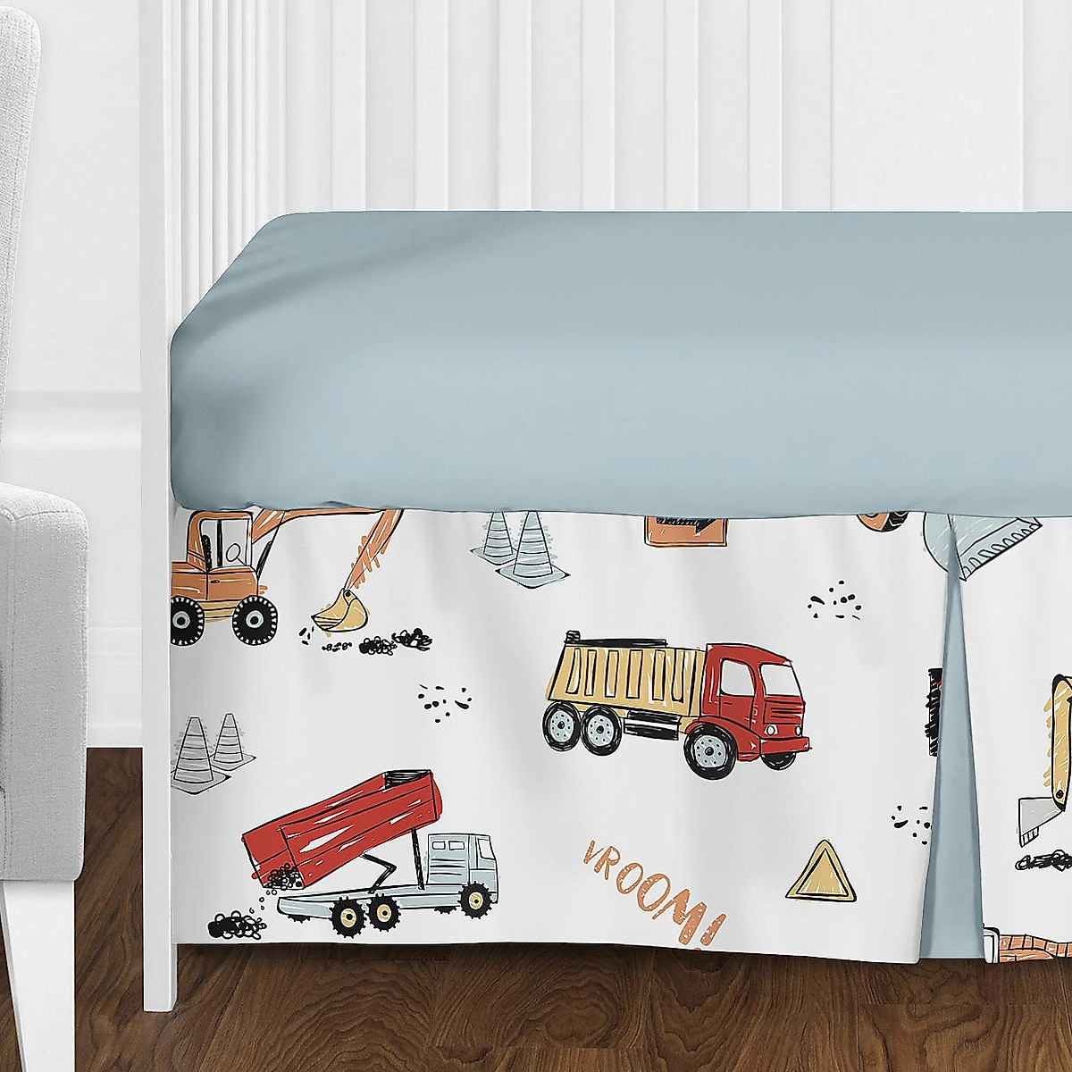 Sweet Jojo Designs Construction Truck Baby Boy Nursery Crib Bedding Set - 11 Pieces - Grey Yellow Orange Red and Blue Transportation Chevron Arrow