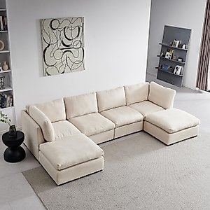 WILLIAMSPACE 129" Sectional Sofa Couch with Feather Filled, U-Shaped Sofa with Ottoman, Down-Filled Overstuffed Upholstered, Modern Luxury Couch for Living Room, Apartment (Beige)