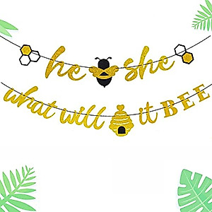 Morndew Glitter He or She What Will It BEE Banner for Boy or Girl Birthday Party Gender Reveal Party Baby Shower Bunting Decoration